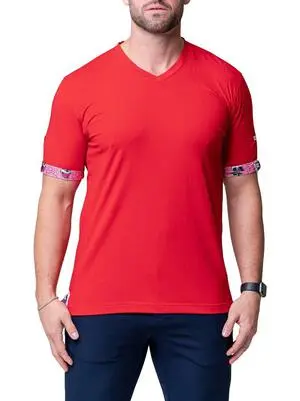 MACEOO Vivaldi Solid Ripple V-neck Cotton T-shirt - Red