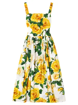 Dolce & Gabbana Pleated Floral-print Cotton-poplin Midi Dress - Yellow