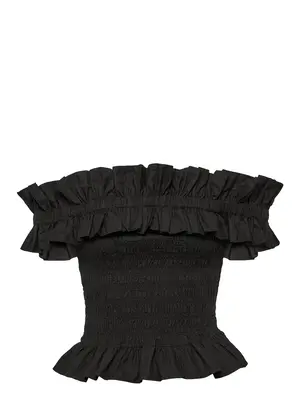 GANNI Smocked Off-shoulder Cotton Poplin Top - Black