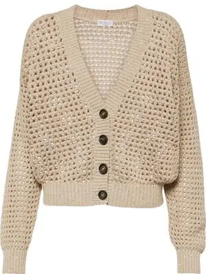 Brunello Cucinelli Sequined Open-knit Cotton-blend Cardigan - Beige