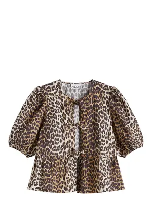 GANNI Printed Cotton Poplin Peplum Blouse - Leopard