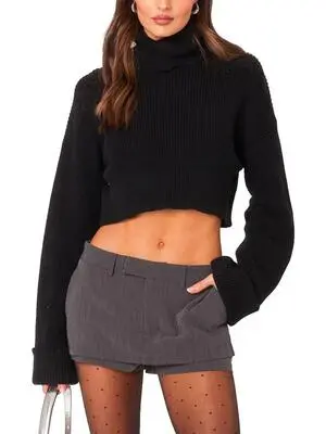 EDIKTED Oversized Turtleneck Ribbed Crop Sweater - Black