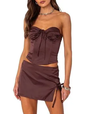 EDIKTED Bea Strapless Satin Corset Top - Brown