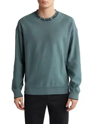 Hugo Smarlo Oversize Logo Collar Crewneck Sweater - Dark Green