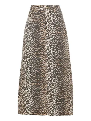 GANNI GANNI High-Waisted Leopard-Print Denim Midi Skirt