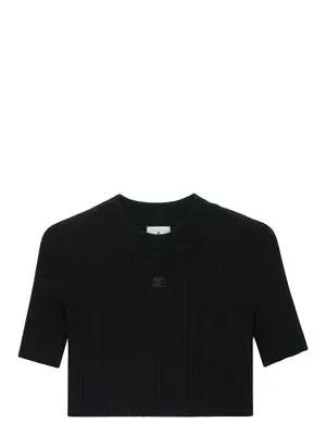 COURREGES Cropped Ribbed-knit T-shirt - Black