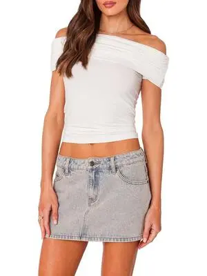 EDIKTED Strawberry Foldover Off The Shoulder Crop Top - White