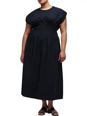 Madewell Seersucker Midi Dress With Smocked Waist - True Black