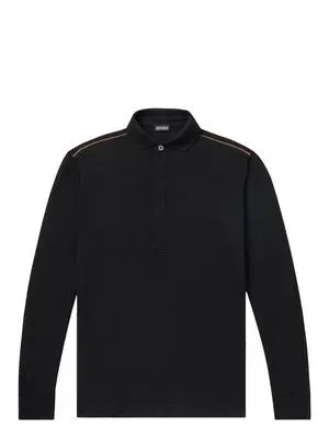 Zegna Leather-trimmed Cotton-piqué Polo Shirt - Black