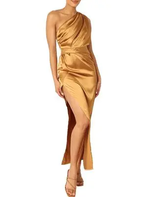 PETAL & PUP Nadia One-shoulder Satin Maxi Dress - Bronze