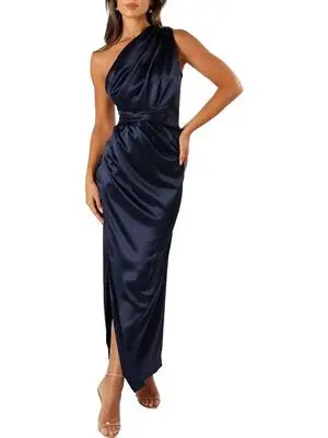 PETAL & PUP Nadia One-shoulder Satin Maxi Dress - Navy