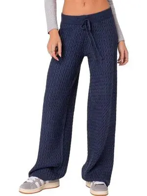 EDIKTED Portia Cable Knit Flare Pants - Navy