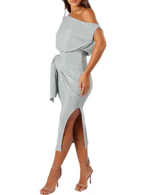 PETAL & PUP Petal & Pup Santiago Metallic One-shoulder Midi Dress Sage