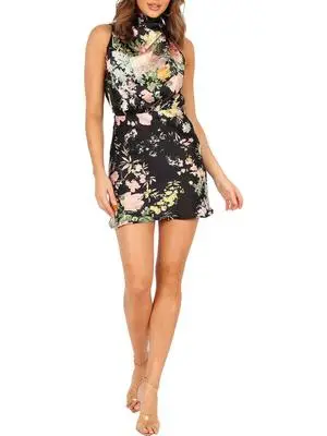 PETAL & PUP Anabelle Floral Halter Neck Mini Dress - Black Floral