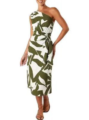 PETAL & PUP Zara Print One-shoulder Midi Dress - Olive Palm