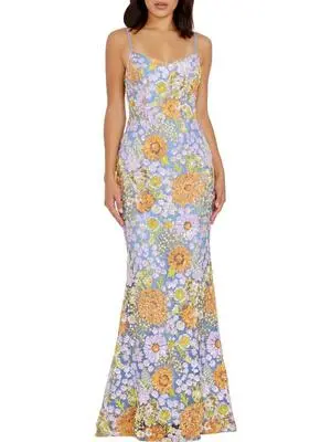 Dress The Population Giovanna Floral Sequin Mermaid Gown - Lavender Multi