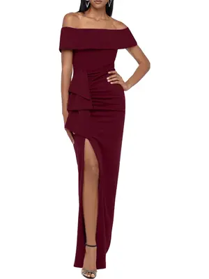 XSCAPE EVENINGS Xscape Evenings Ruched Off-the-Shoulder Crepe Gown Burgundy
