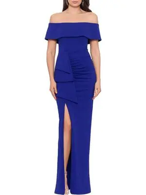 XSCAPE EVENINGS Ruched Off-the-shoulder Crepe Gown - Marine