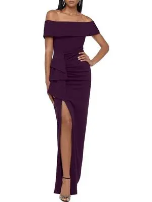 XSCAPE EVENINGS Xscape Evenings Ruched Off-the-Shoulder Crepe Gown Mulberry