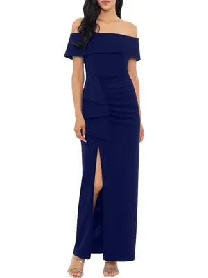XSCAPE EVENINGS Ruched Off-the-shoulder Crepe Gown - Navy