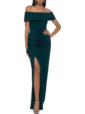 XSCAPE EVENINGS Xscape Evenings Ruched Off-the-Shoulder Crepe Gown Pine