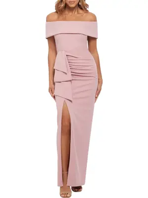 XSCAPE EVENINGS Xscape Evenings Ruched Off-the-Shoulder Crepe Gown Rose