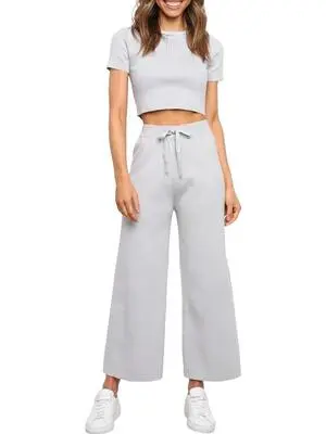 PETAL & PUP Ayers Crop Top And Wide Leg Pants Set - Grey
