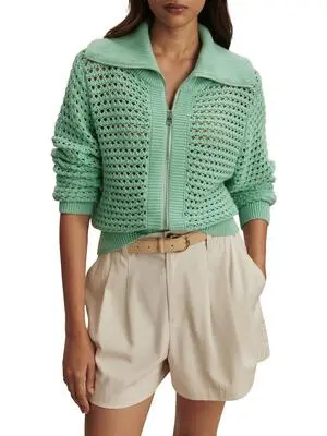 Varley Varley Eloise Open Stitch Cotton Zip-Up Cardigan Dusty Jade Green