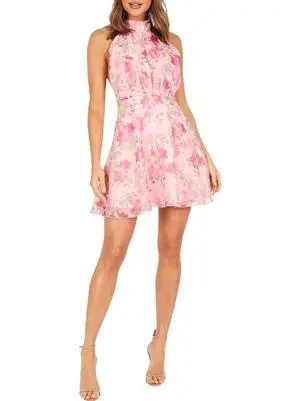 PETAL & PUP Gardenia Floral Halter Minidress - Pink Floral
