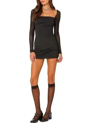 EDIKTED Maia Sheer Long Sleeve Minidress - Black