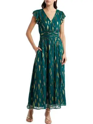 CIEBON Jennsen Metallic Flutter Sleeve Maxi Dress - Teal
