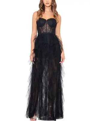 Aqua Strapless Lace Tulle Ruffle Gown - Black