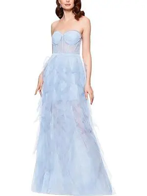 Aqua Strapless Lace Tulle Ruffle Gown - Blue