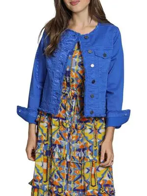 APNY Frayed Collarless Denim Jacket - Dazzling Blue