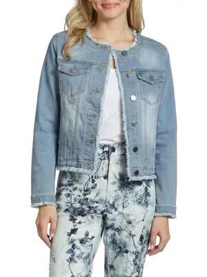 APNY Frayed Collarless Denim Jacket - Light Indigo