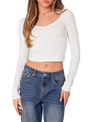 EDIKTED Nat Ruched V-neck Crop Top - White