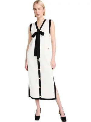 English Factory Knit Midi Dress With Tie Neck - Cream/black