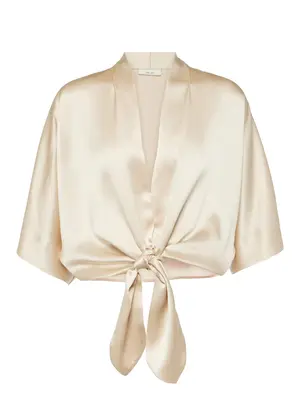 THE SEI Tie-front Silk Charmeuse Top - Beige