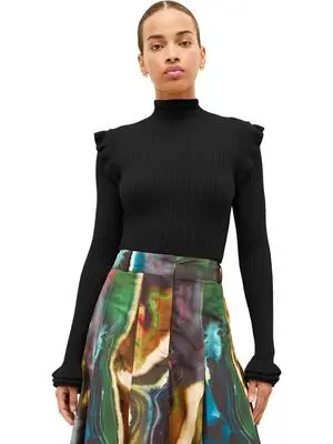 MARIE OLIVER Fitted Ruffle Turtleneck Black