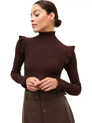 MARIE OLIVER Fitted Ruffle Turtleneck Java