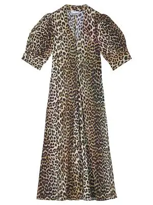 GANNI GANNI Leopard-Print Organic Cotton Midi Dress Neutrals