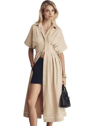 EXQUISE Exquise Tobie Shirt Dress With Exaggerated Sleeves And Pleats Beige & White Tipping