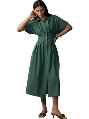EXQUISE Exquise Tobie Shirt Dress With Exaggerated Sleeves And Pleats Green
