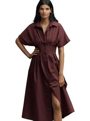 EXQUISE Exquise Tobie Shirt Dress With Exaggerated Sleeves And Pleats Purple