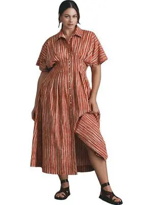 EXQUISE Exquise Tobie Shirt Dress With Exaggerated Sleeves And Pleats Red & Tan Stripe