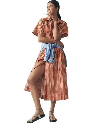EXQUISE Exquise Tobie Shirt Dress With Exaggerated Sleeves And Pleats Red