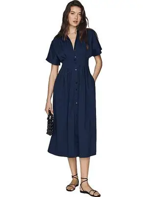 EXQUISE Exquise Tobie Shirt Dress With Exaggerated Sleeves And Pleats Solid Navy