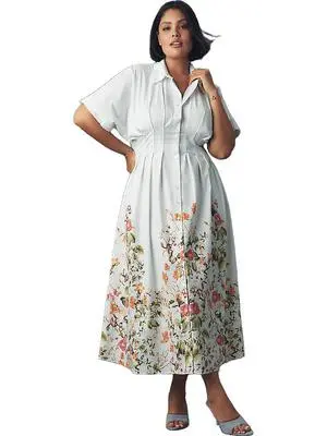 EXQUISE Exquise Tobie Shirt Dress With Exaggerated Sleeves And Pleats White Placed Floral