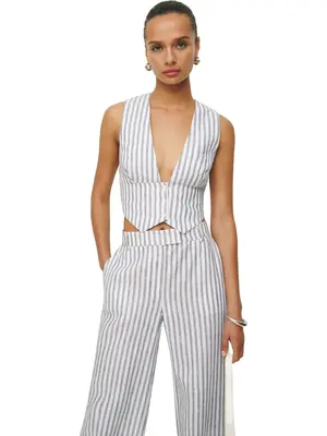REFORMATION Sofia Cropped Linen Vest Antibes Stripe