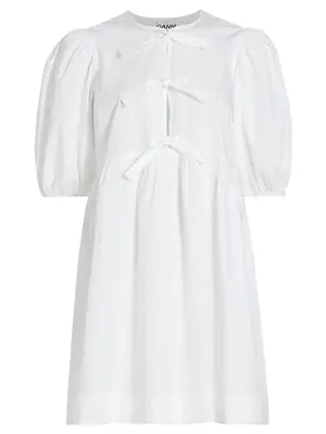 GANNI Poplin Bow Short-sleeve Minidress Bright White